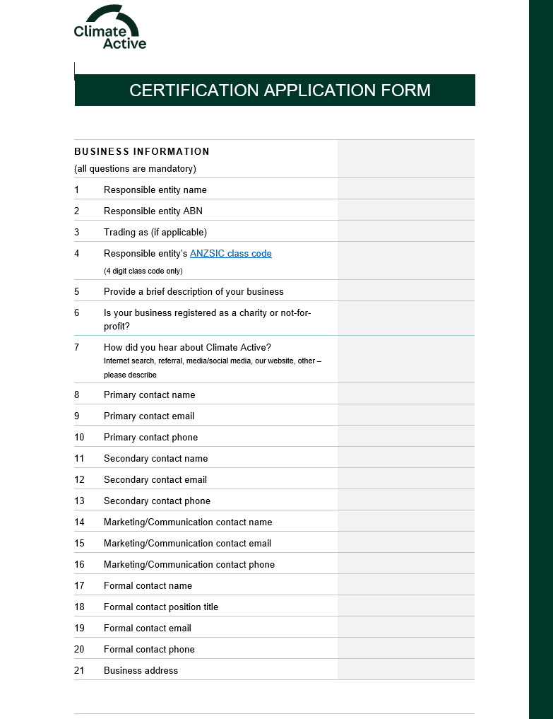 Climate Active certification sample application form | Climate Active